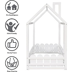 Harper & Bright Designs Twin Floor Bed for Kids, Wood Montessori Floor Bed Twin with Fence-Shaped Rails, Twin Size House Bed for Girls, Boys(Twin,White)