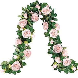 Whonline 3pcs 19.7ft Artificial Pink Flower Garland Silk Rose Vines Hanging Fake Rose Garland for Backdrop Wedding Party Table Centerpiece Garden Outdoor Decorations