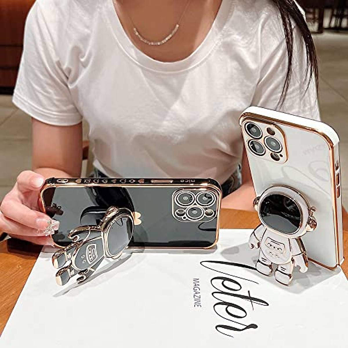 AIGOMARA 6D Plating Astronaut Hidden Stand Case Cover for iPhone 13 Pro Women Astronaut Folding Bracket Kickstand iPhone Case with Camera Protector Soft TPU Shockproof Bumper 6.1 Inch - Black