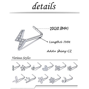 Akeoqi 12Pcs Nose Stud L Shape Nose Rings Cubic Zirconia Butterfly Flower Eye Moon Heart Crown Lightning Piercing Jewelry for Women Men 20G Silver Tone