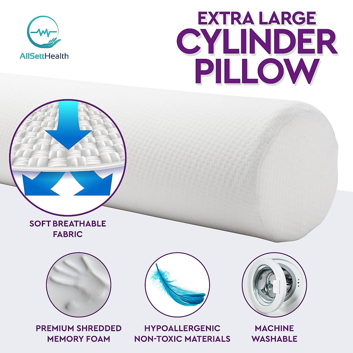 AllSett Health XXL Memory Foam Round Cervical Roll Cylinder Bolster Body Pillow with Removable Washable Cover | Ergonomically Designed Back, Neck and Spine Relief, 47” in Long x 7.5” Wide