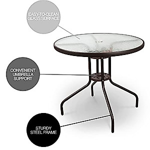 Garden Elements Outdoor Wave Glass Patio Dining Furniture Round Steel Table, Brown, 31.5"