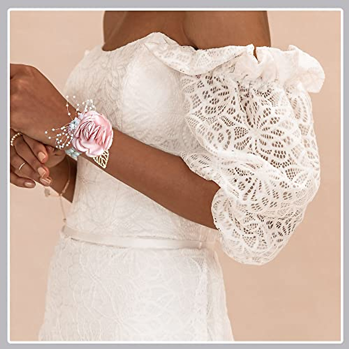XAN Bridesmaid Wrist Flower Corsage Bride Silk Wrist Flower, with Artificial Pearl Bead Elastic Bracelet Wristband Gold Leaf, Used for Wedding Ball Hand Flower Decoration (Grey Combination)