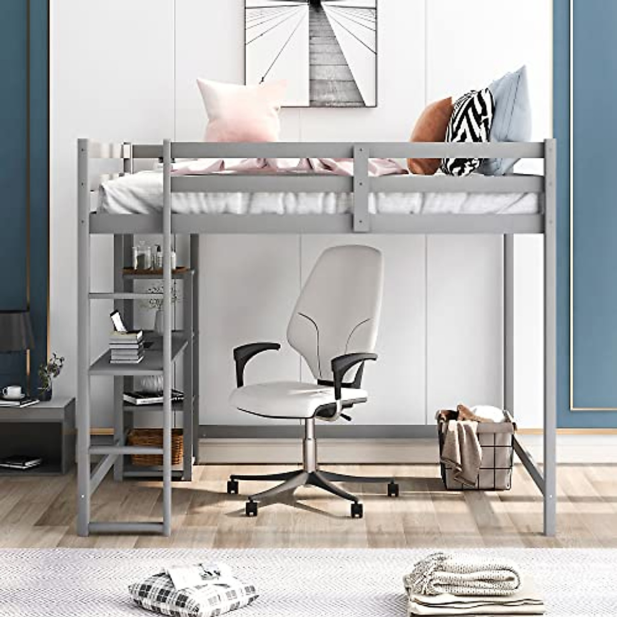 GLORHOME Full Size Wood High Loft Bed with Built in Side Desk, Shelves and Safety Guard Rails, Space Saving Bedroom Furniture for Kids Teens Adults, Grey