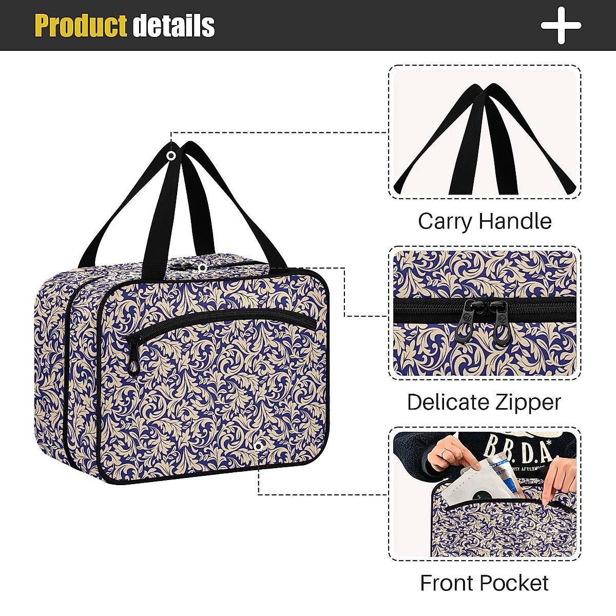 Vnurnrn Bbaroque Damask Large Travel Toiletry Bag for women Makeup Organizer Bag with Hanging Hook Shower Bag for Traveling Electric Shaver Brush