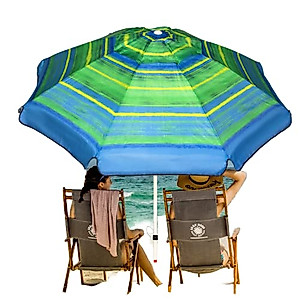 Ogrmar 7FT Beach Umbrella with Sand Anchor & Carry Bag, Portable Outdoor Windproof Sun Umbrella Sun 50+ Protection Umbrella with Push Button Tilt & Air Vent (Green Stripe)
