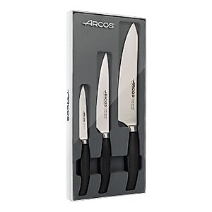 ARCOS Forged Kitchen Knife Set 3 Pieces (Paring Knife + Kitchen Knife + Chef's Knife). Stainless Steel Forged Nitrum. Polypropylene POM Handle. Series Clara. Black Color