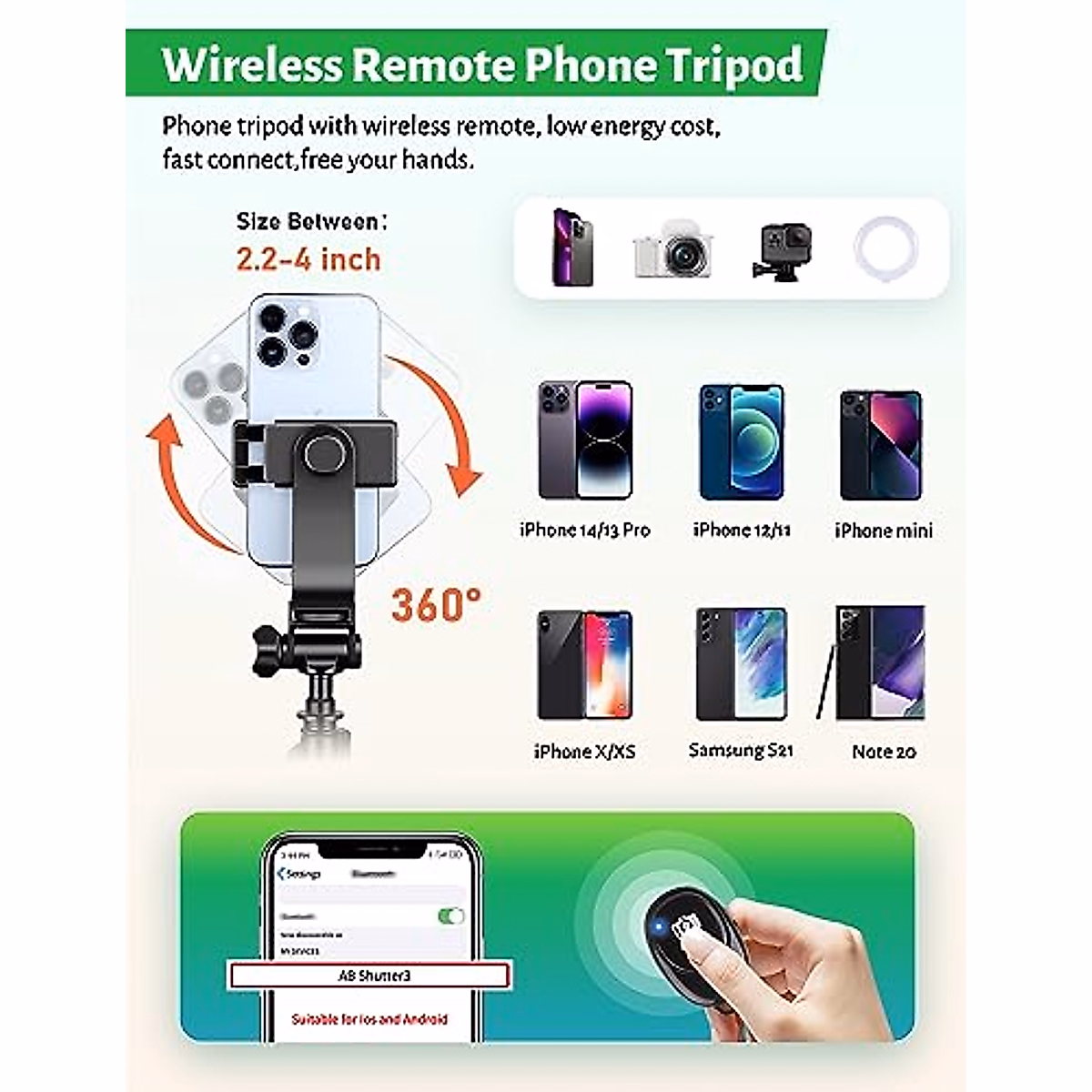 Nineigh Tripod for Cell Phone, 76" Phone Tripod with Gooseneck & Remote, Selfie Stick Portable Tripods Video Recording Photo Vlog, Compatible with iPhone Plus Cellphone Camera