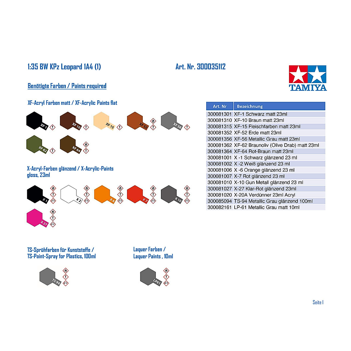 Tamiya Plastic Model 1: 35 300035112 German Army Leopard 1 A4 – 1