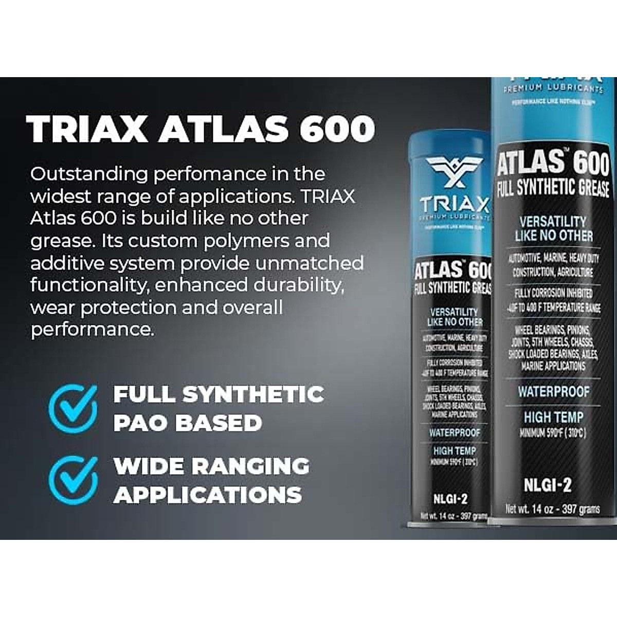 TRIAX Atlas 600 Grease - Full Synthetic, Ultra-Heavy Duty, Low Temp, Marine, Waterproof; All Bearings, Joints, Drive Train & 5th Wheel (10 Pack - 14 Oz Tubes)