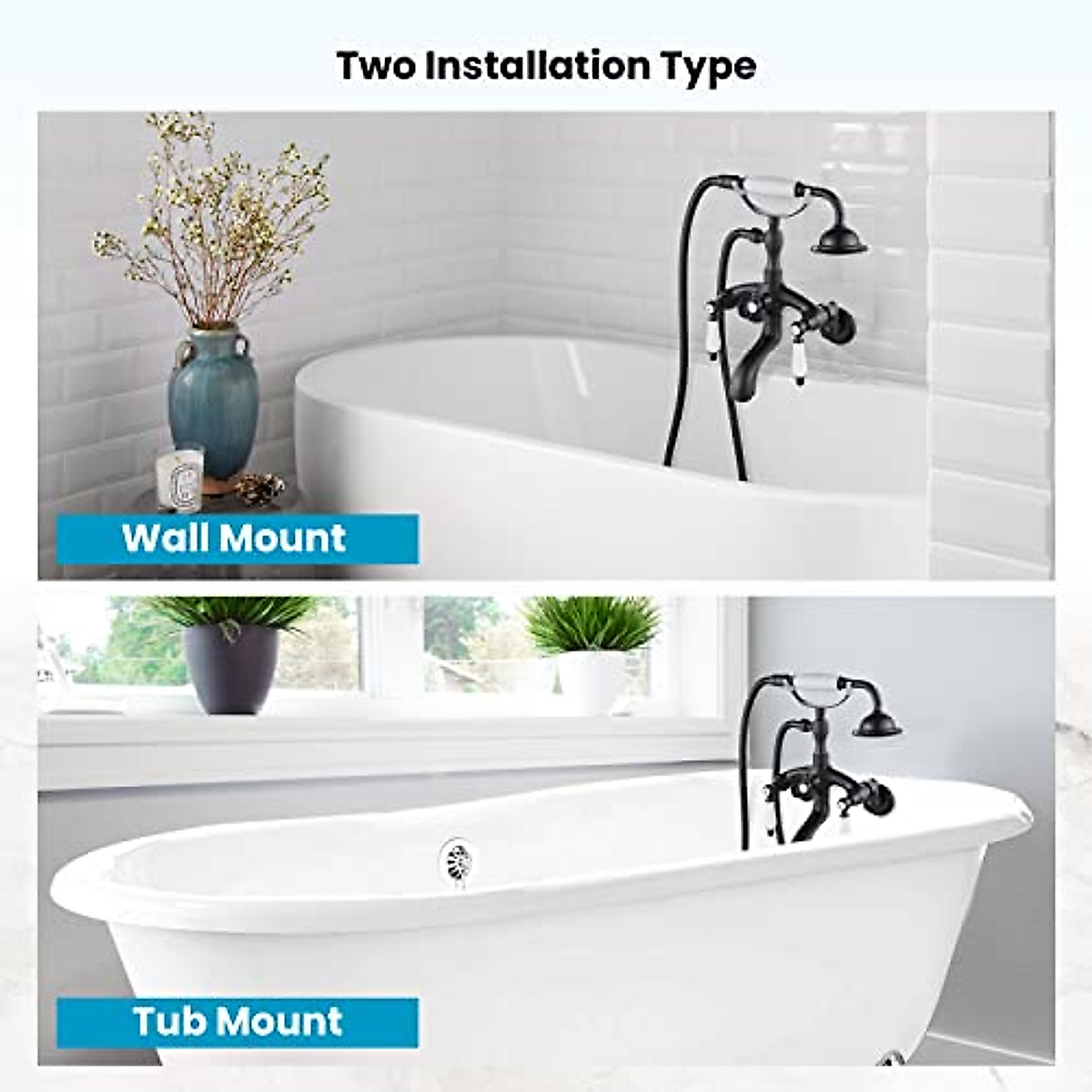 Clawfoot Tub Bathtub Matte Black Shower Faucet with Hand Shower Sprayer Wall Mount Bronze Ceramics 2 Double Handle Shower Faucet System Telephone Shape