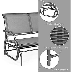 LUARANE Swing Glider Chair, Heavy-Duty Steel Frame 2-Person Outdoor Swing Bench, Sliding Rocker Double Seat Suitable for Backyard, Garden, Poolside, Lawn (Grey)