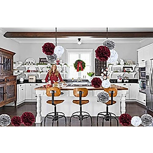 Decorations 2022 Maroon Graduation/Burgundy Silver White Birthday Decorations for Women 40th/50th Birthday 12 Tissue Paper Pom Poms Maroon Burgundy Silver Wedding/Bridal Shower Retirement Decorations