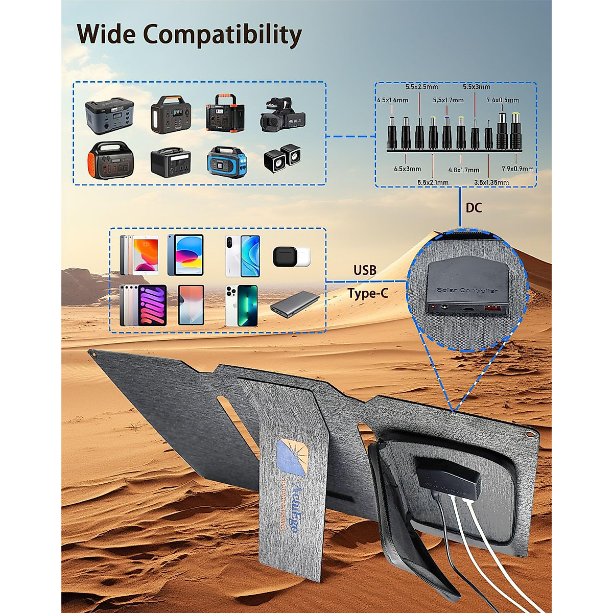 Portable Solar Panel, ActuEgo 30W Solar Panels Portable IP65 Portable Solar Charger for Cell Phone IP65 Waterproof Solar Panel Kit 18V DC/USB/USB-C for Power Station/Camping/Hiking/Outdoor Avtivities