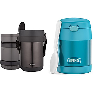 THERMOS All-In-One Vacuum Insulated Stainless Steel Meal Carrier with Spoon (Smoke) FUNTAINER 10 Ounce Stainless Steel Vacuum Insulated Kids Food Jar with Folding Spoon (Teal)