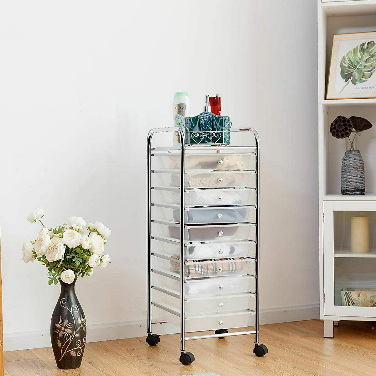 10 Drawer Storage Cart Rolling Cart File Scrapbook Paper Mobile Organizer for School Office (Clear)