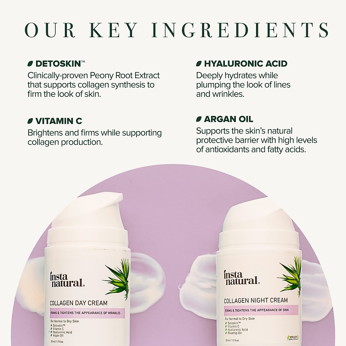 InstaNatural Collagen Face Cream, Daytime Collagen Moisturizer for Face, Anti Aging Cream with Vitamin C, Hyaluronic Acid and Argan Oil