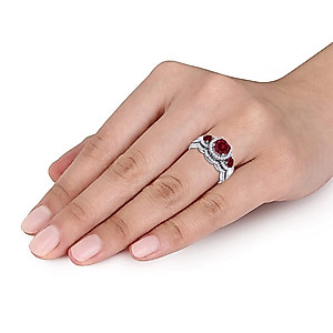 GEMVIO Collection Three Stone Ring, Round Cut Lab Created Ruby Gemstone & Natural Diamond Halo Bridal Set Engagement Ring In 14K White Gold Over Sterling Silver Wedding Band Ring-8