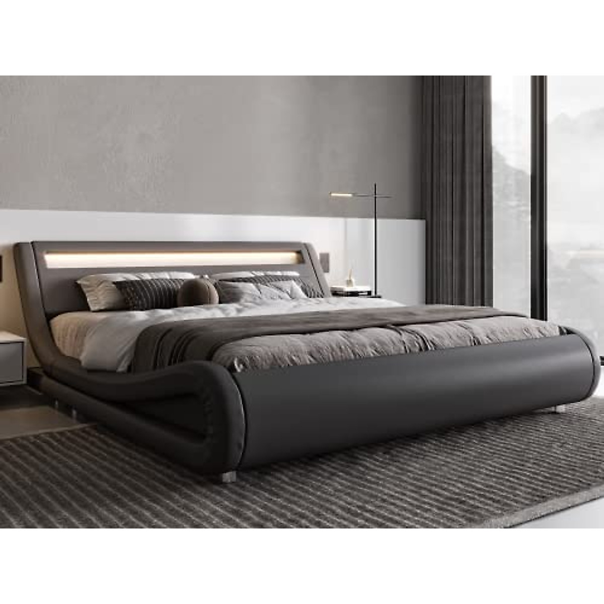 Allewie King Size LED Platform Bed Frame with Adjustable Headboard/No Box Spring Need/Easy Assembly/Faux Leather in Grey