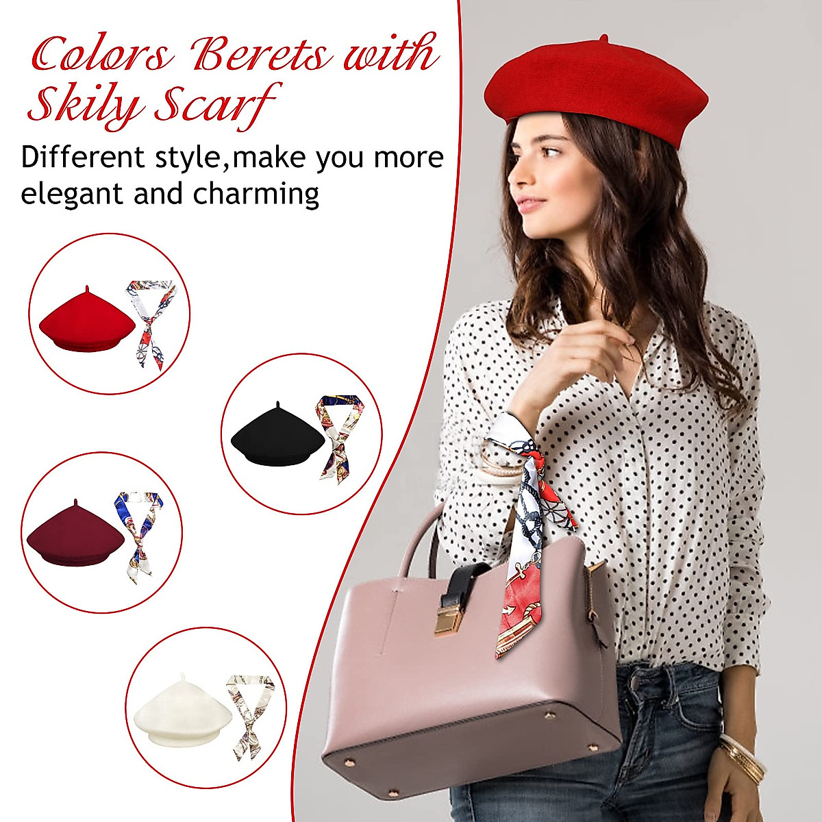 4 Sets Wool Beret Hat French Style Beanie Hats with Silky Neck Scarf Fashion Beret Caps for Women Girls Lady