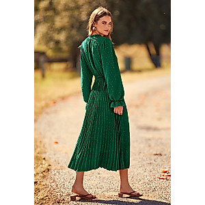 PRETTYGARDEN Women's 2024 Fall Midi Dress Casual Long Sleeve V Neck Swiss Dot Pleated A Line Flowy Dresses (Dark Green,Large)
