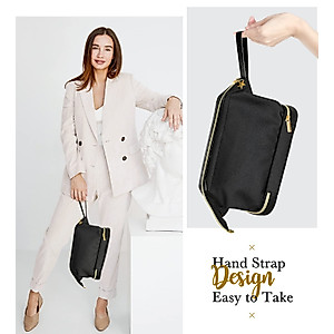 Shinowa Travel Makeup Cosmetic Bag, Portable Double Layer Cosmetic Bag, Large Leather Makeup Pouch with Wide Opening, Water-proof Toiletry Bag for Women Girls, Black