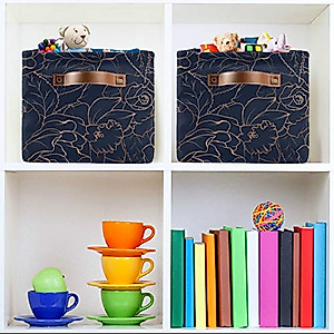 AGONA Navy Blue Gold Rose Peony Floral Foldable Storage Bin Large Collapsible Fabric Storage Box Organizer Containers Baskets with Leather Handles for Shelves Home Bedroom Organizer Nursery Office 2 P