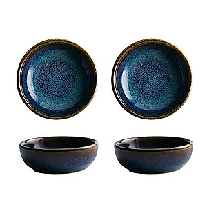 Colias Wing 2.5 Inch Vintage Blue with Brown Edge Stylish Design Multipurpose Porcelain Side Dish Bowl Seasoning Dishes Soy Dipping Sauce Dishes-Set of 4-Blue