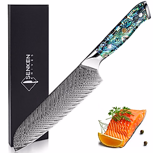 SENKEN Damascus Steel 7" Japanese Santoku Knife with Real Deep-Sea Abalone Shell Handle - Umi Collection - 67-Layer Japanese VG10 Forged Steel Blade, Integrated Full-Tang Molding (7" Santoku Knife)