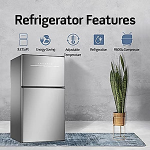 Frestec 3.2 Cu.Ft Mini Fridge for Bedroom, Mini Refrigerator with freezer, Dorm Fridge with Freezer, 2 Doors Perfect for Room and Office, Adjustable Temperature(Stainless steel)