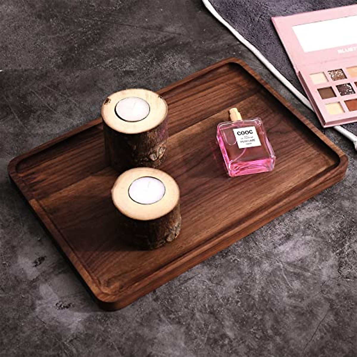 Rustic Walnut Wood Serving Tray,13"x9" Rectangle Platter Tea Tray Coffee Table Tray,Kitchen Tableware Decor Decorative Wood Dessert Cup Tray,Wood Vanity Tray for Jewelry (Rectangle)