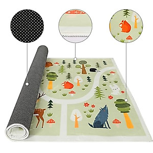 Kids Area Rug Jungle Animal Road Play Mat, with Bears Deer Fox Trees Educational Learning Game Non Slip Carpet, for Bedrooms Playroom Living Room Classroom, 3x5