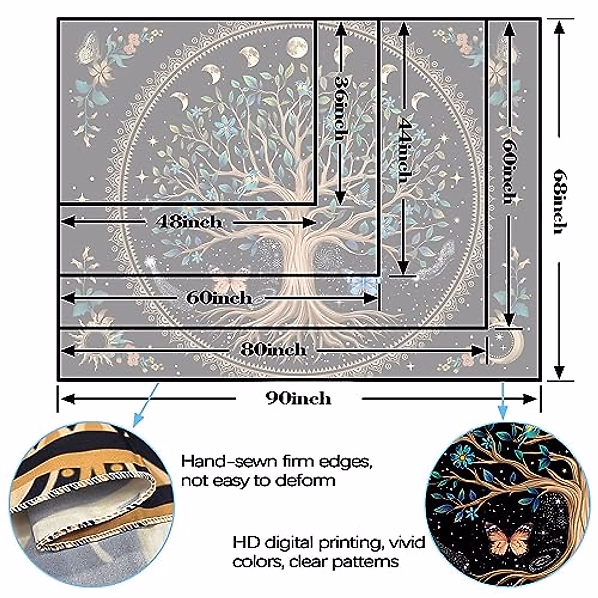 Lunerfex Tree of Life Tapastry Butterfly Moon Flower Boho Floral Plant Tapestries for Bedroom Aesthetic's Wall Hanging Mandala Botanical Tapestry for Living Room Dorm (black, 60x80 inches)