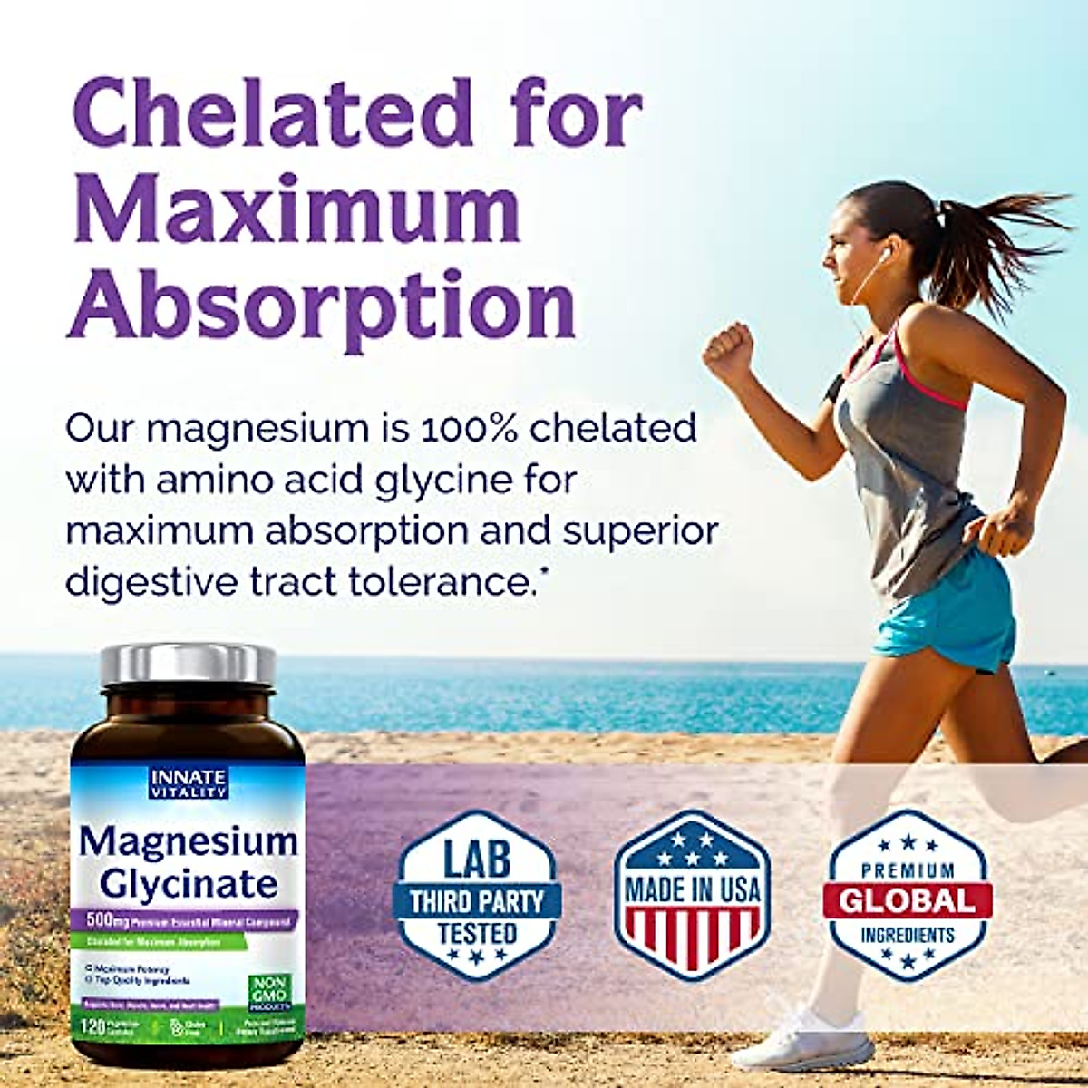 Magnesium Glycinate 500mg per Caps, 120 Veggie Caps, Chelated for Maximum Absorption, Non-GMO, NO Gluten Dairy & Soy, Supports Muscle, Joint, and Heart Health