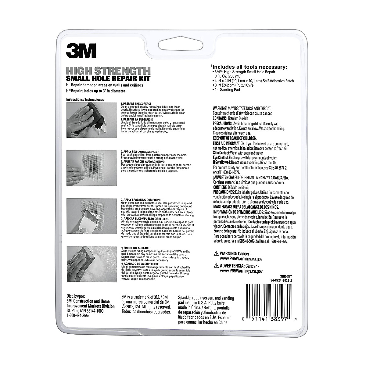 3M High Strength Small Hole Repair Kit, Inlcudes Spackling Compound, Putty Knife, Sanding Sponge, and Self-Adhesive Patch, For Hole Repairs Up To 3" in Diameter, Easy Wall Repair (SHR-KIT)