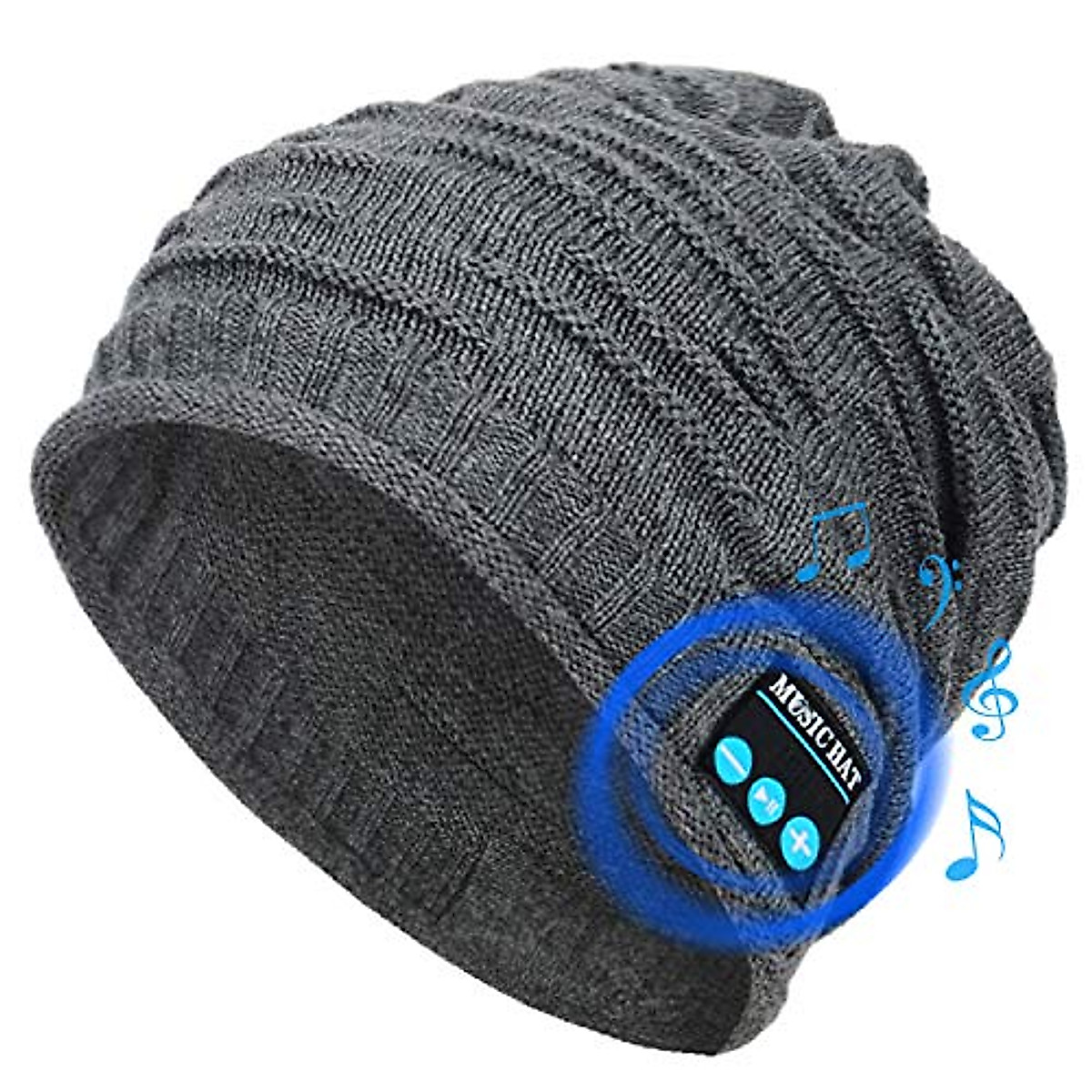 Bluetooth Beanie Hat 5.0 Wireless Headphones Music Hats with Built-in Microphone Winter Hat Warm Ski Cap for Men Women (012-Grey)