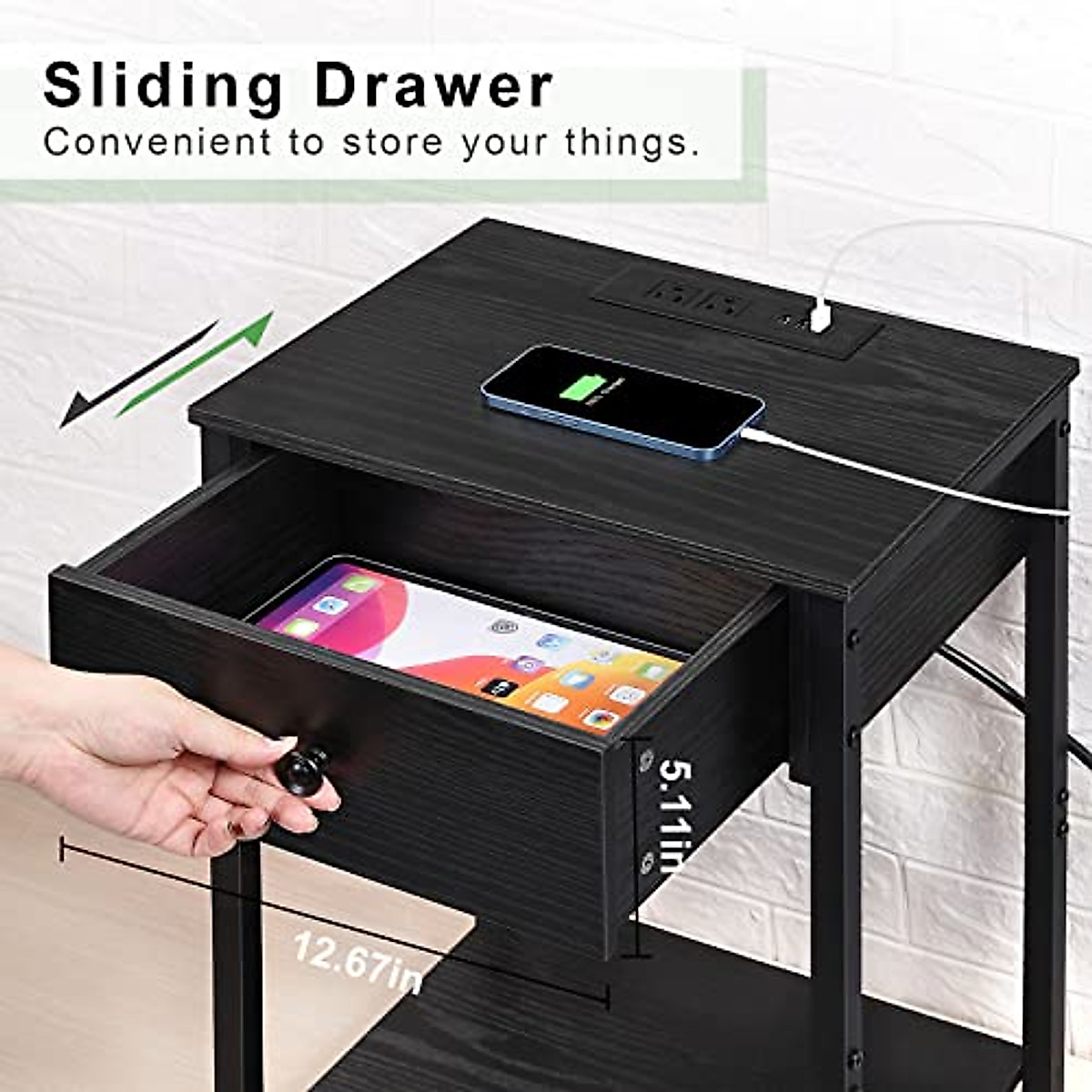 melos Nightstand with Charging Station and USB Ports, Bed Side Table/Night Stand with Drawer and Storage Shelf, 2 Tier End Table for Small Spaces, Side Tables for Bedroom, Living Room, Black