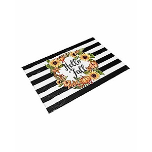 Outdoor Area Rug for Patio,Fall Thanksgiving Sunflower Pumpkin Camping Rugs Indoor Large Floor Mat 4x6ft,Leaf Berry Black White Stripe Outside Carpet for Deck RV Picnic Porch Backyard Bedroom