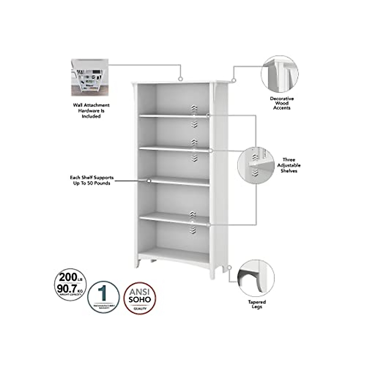 Bush Furniture Salinas Tall 5 Shelf Bookcase in Pure White and Shiplap Gray | Distressed Style Book Case | Bookshelf for Bedroom, Living Room & Pantry | Tall Bookcase | Book Shelf for Bedroom
