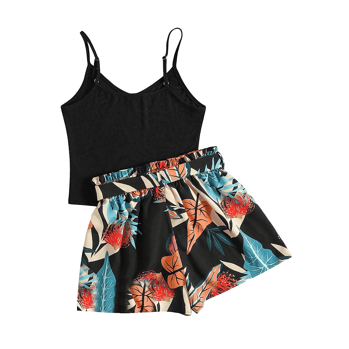 SOLY HUX Women's 2 Piece Outfits Summer Cami Top with Shorts Set Tropical Leaf Black S