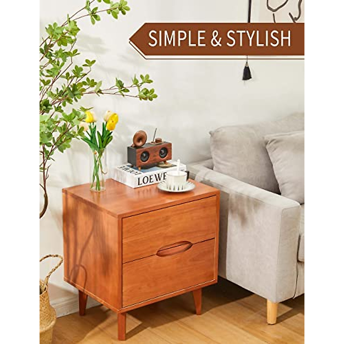 Mid Century Modern Grooved Handle Wood Nightstands Side Table Bedroom Storage Drawer and Shelf Bedside End Table, 2 Drawer (Caramel)