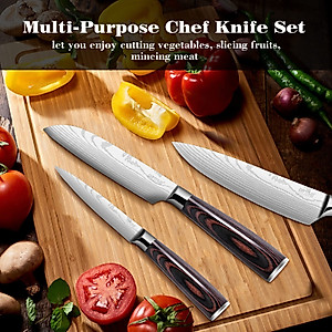 3Pcs Professional Chef Knife Set, German High Carbon Stainless Steel Chef Knife Santoku Knife Paring Knife with Pakkawood Handle and Gift Box