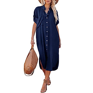 Dokotoo Midi Denim Dress for Women 2024 Button-Down Side Slit Pockets Short Sleeve Solid Color Fashion Spring Summer Dresses Blue X-Large