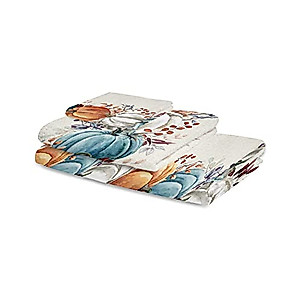 Fall Burlap Bathroom Towel Set,Microfiber Bath Kitchen Beach Hand Dish Towels Set,Quick Dry Luxury Soft Decorative Towels+Set Clearance Bulk Decor(3-PC) Teal Orange White Pumpkin Eucalyptus Leaves