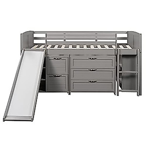 Low Loft Bed with Slide and Storage Twin Loft Bed Frame with Cabinet Drawers and Book Shelves, Wooden Loft Beds for Kids Boys Girls, Gray