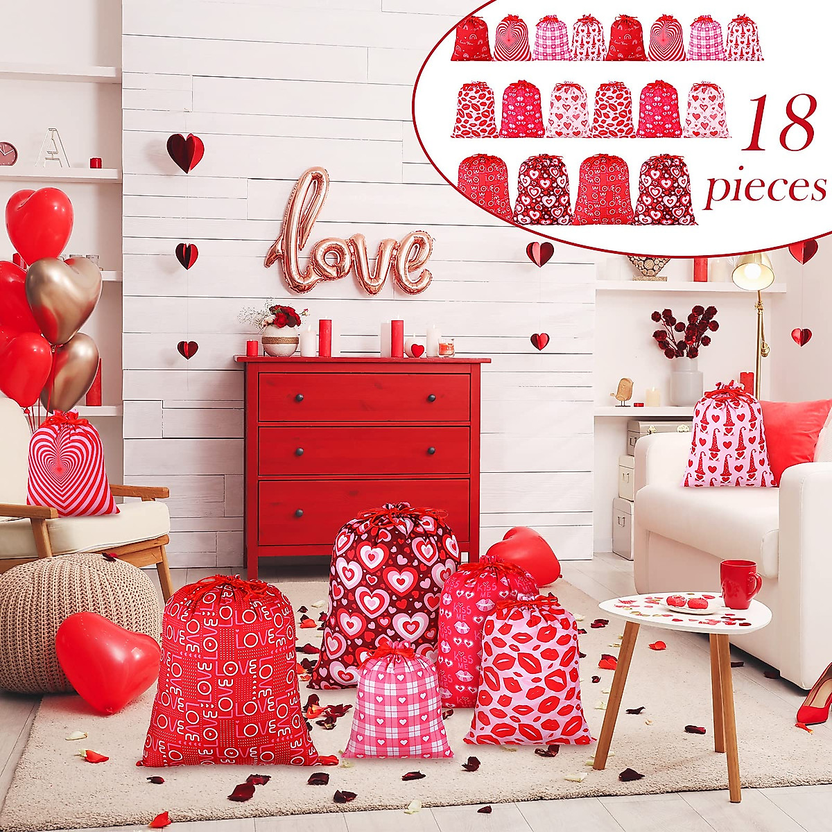 18 Pieces Large Wedding Gift Bags with Drawstring Valentine Gift Bags Anniversary Gift Bag for Weddings Party Supplies Valentine Classroom Exchange Gifts for Kids