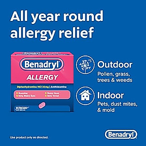 Benadryl Ultratabs Antihistamine Allergy Relief Medicine, Diphenhydramine HCl Tablets for Relief of Cold & Allergy Symptoms Such as Sneezing, Runny Nose, & Itchy Eyes & Throat, 100 ct