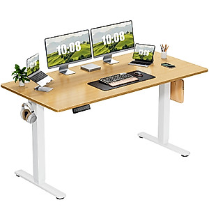 Sweetcrispy Electric Adjustable Height Standing Desk - 63 x 24 inch Sit to Stand Up Desk with Splice Board, Rising Home Office Computer Table with 2 Hook and Wire Hole for Work
