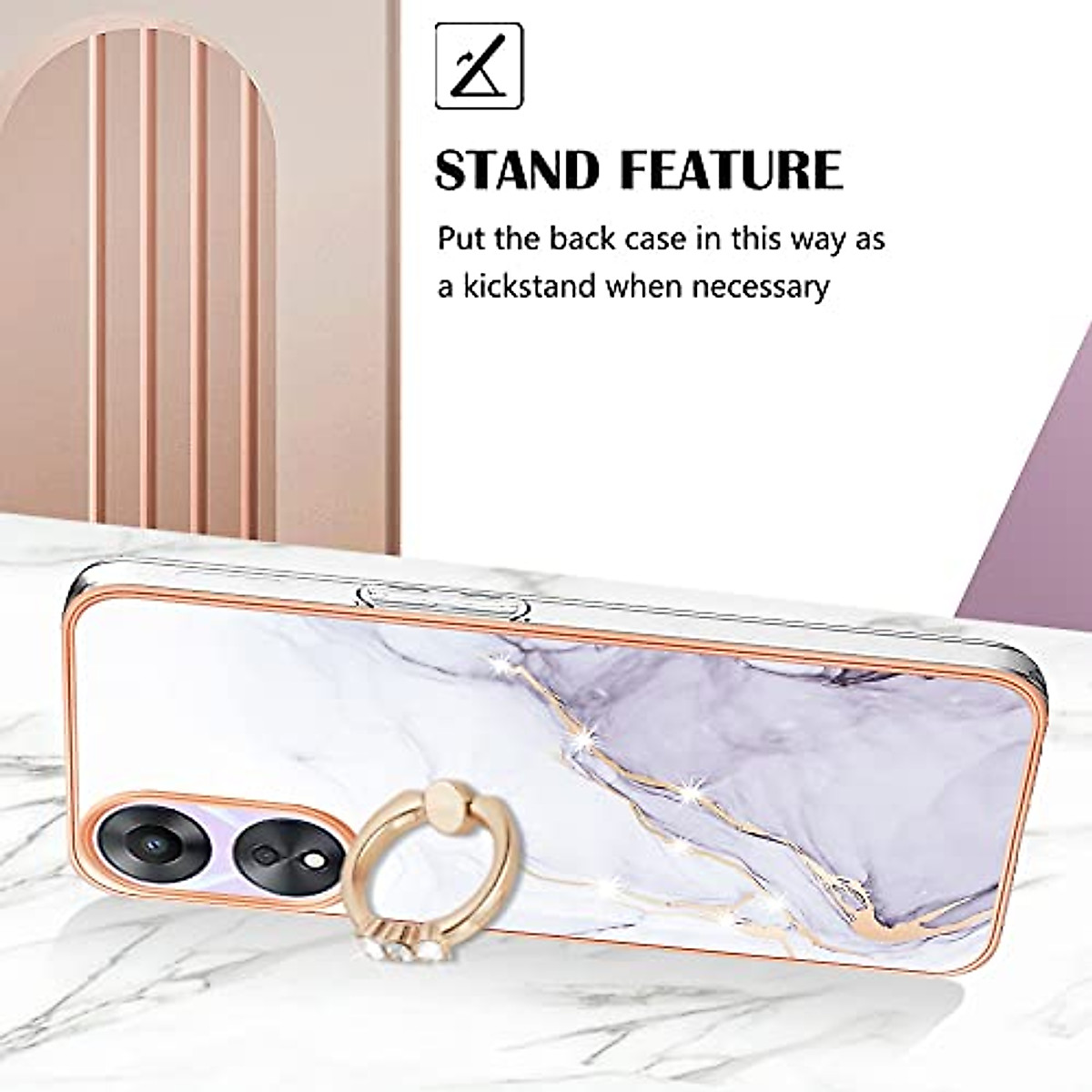 NVWA Compatible with Oppo A78 A58 Case Slim, TPU IMD Personalized White Marble Series Slim Phone Cases Shockproof Back Protective Cover Ring Holder