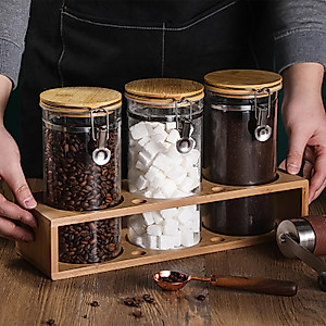 GURUDAR Glass Coffee Storage Container with Bamboo Shelf, 3PCS 49oz Airtight Sealed Coffee Bean Jar with Clamp Lid & Measuring Spoon, Kitchen Pantry Canister Set for Ground Coffee Sugar Tea Flour